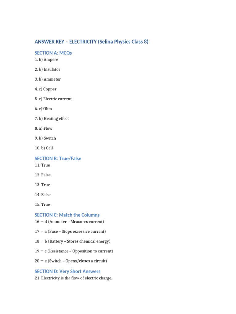 Electricity Answer Key for Class 8 | PDF