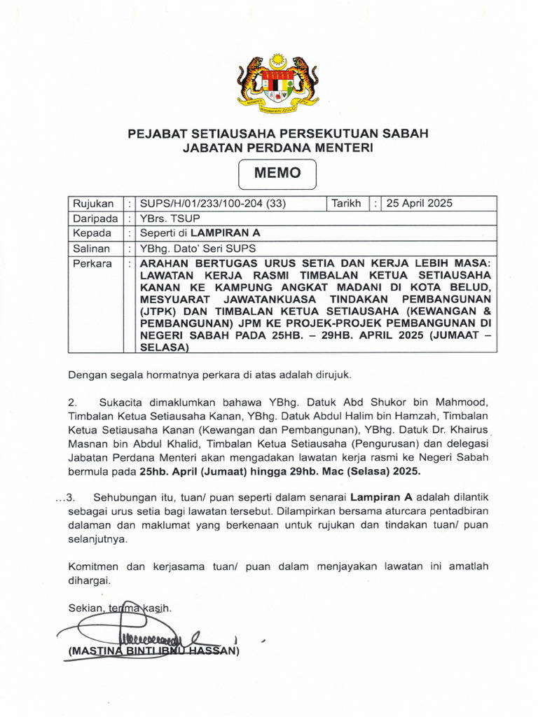 Memo Arahan Bertugas Dan Kerja Lebih Masa Lawatan Tksuk Dan Delegasi ...