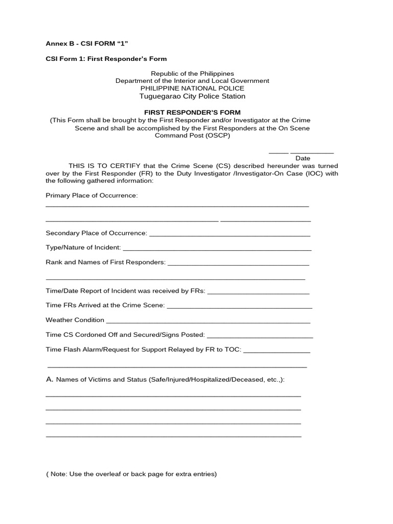 First Responder's Crime Scene Form | PDF | Crime Scene | Criminal Justice