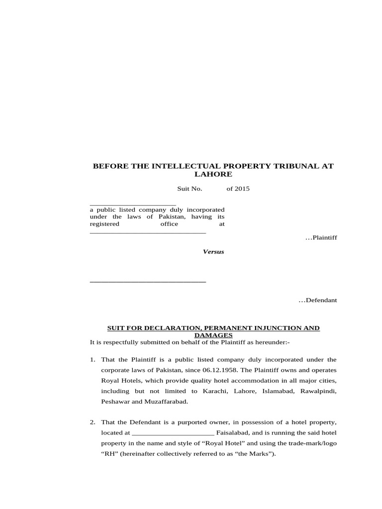 Suit for Declaration, Permanent Injunction and Damages (2) | PDF ...