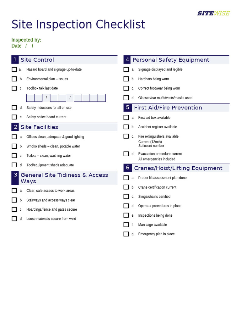 Comprehensive Site Inspection Checklist | PDF | Personal Protective ...
