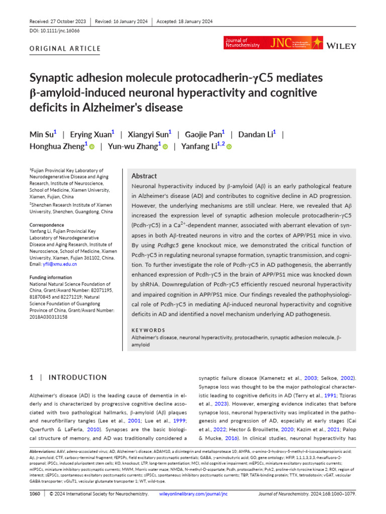 Synaptic Adhesion Molecule Protocadherin‐ C5 Mediates ‐Amyloid‐Induced ...