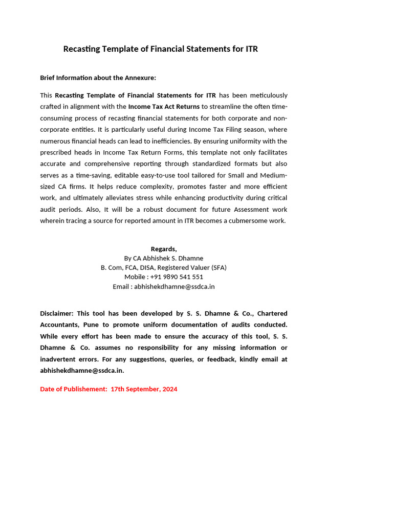 Recasting Template of Financial Statements for ITR | PDF | Expense ...
