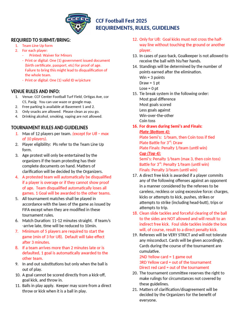 CCF Fest Rules, Team Line Up, Waiver | PDF | Sports Rules And ...