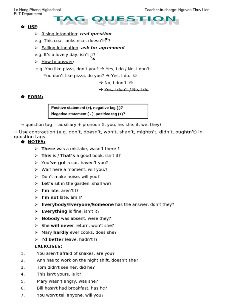TAG QUESTION (Student_s Version) | PDF | Question