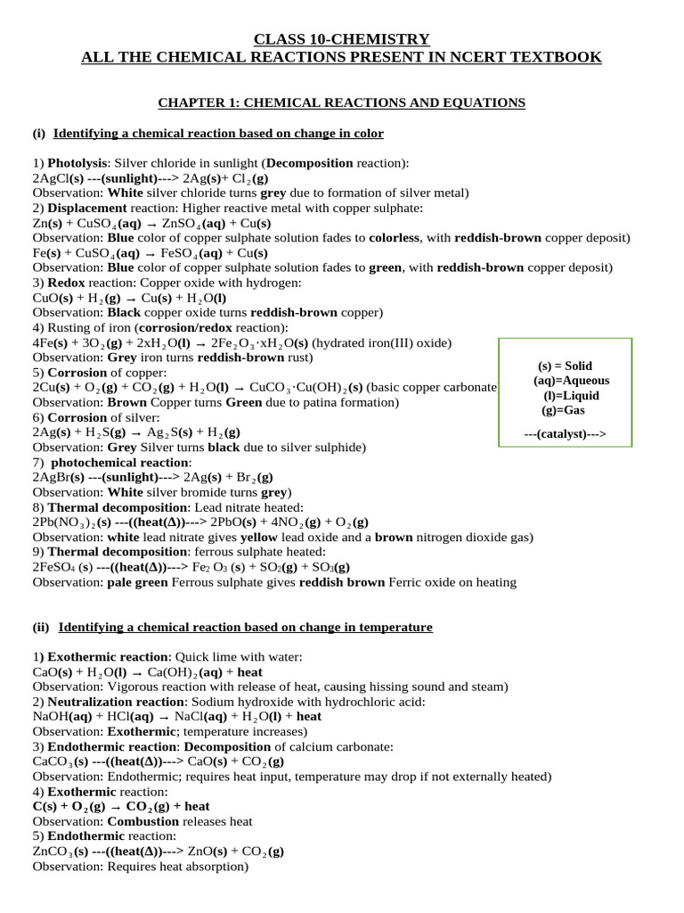 Class 10 Chemistry: Chemical Reactions Guide | PDF | Redox | Sodium ...