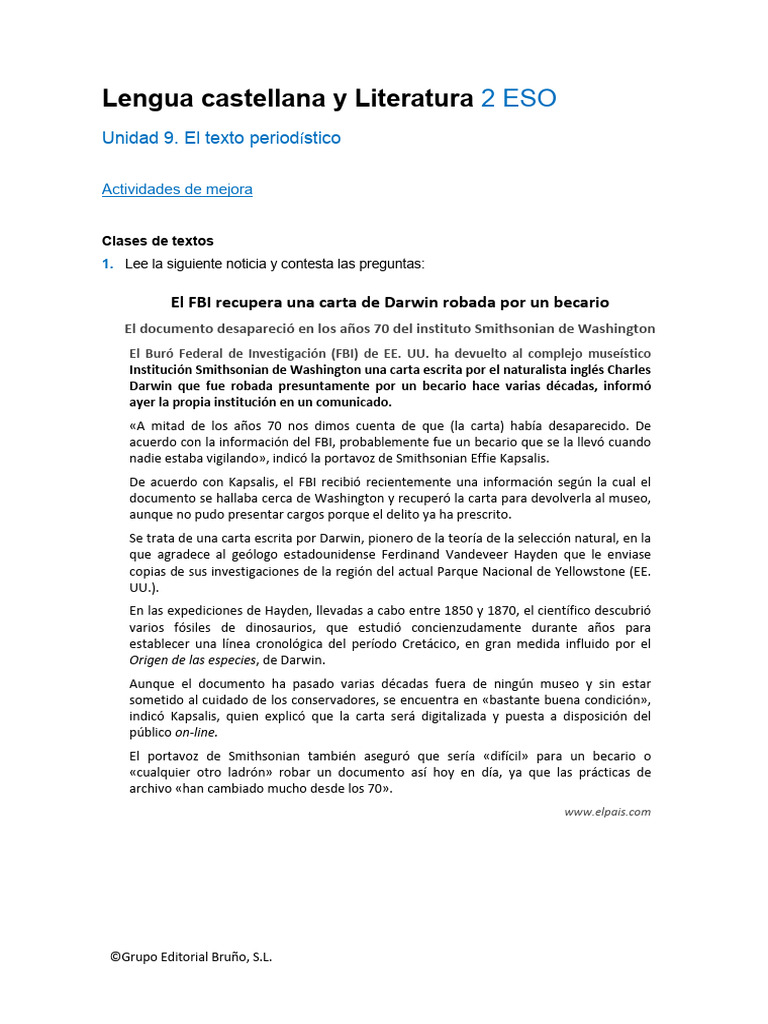 09 Actividades de Mejora- Comprensión Lectora | PDF | Charles Darwin ...