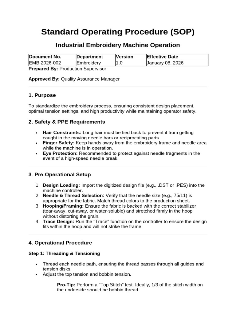 Industrial Embroidery Machine SOP | PDF | Embroidery | Sewing Needle