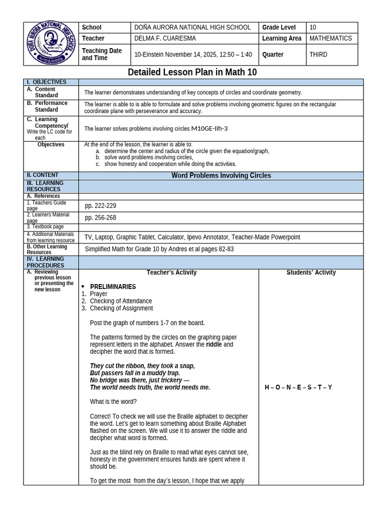 Lesson Plan Template | PDF | Circle | Tangent
