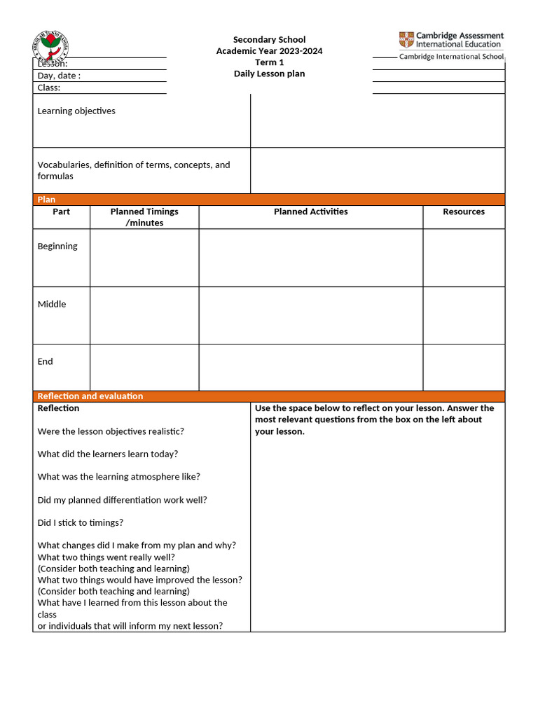 Daily Lesson Plan Template 2023-2024 | PDF