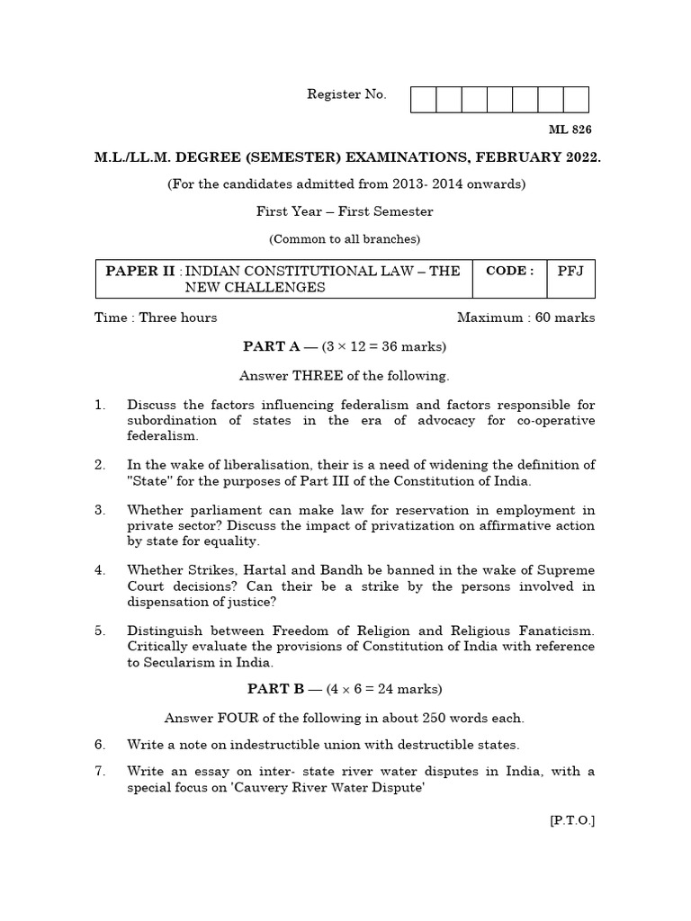 Llm 1 Sem Indian Constitutional Law the New Challenges Ml 826 Feb 2022 ...