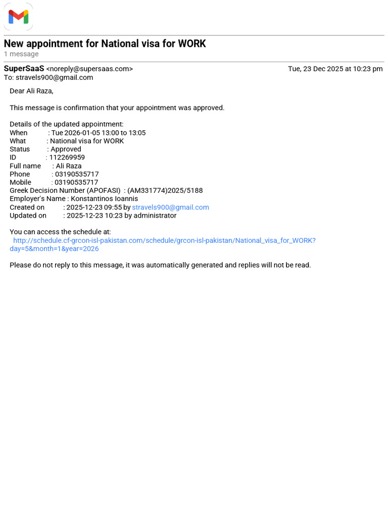 National Visa Appointment Confirmation | PDF
