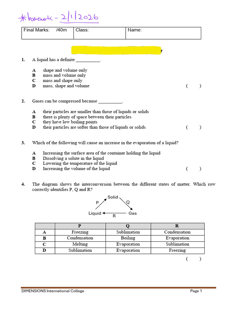 1 States of Matter Homework 2 Jan | PDF | Liquids | Gases