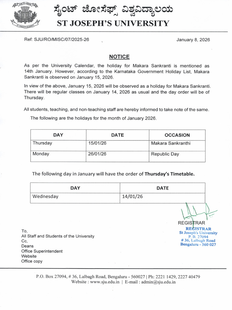 Holidays and Change of Day Order For The Month of January 26' | PDF