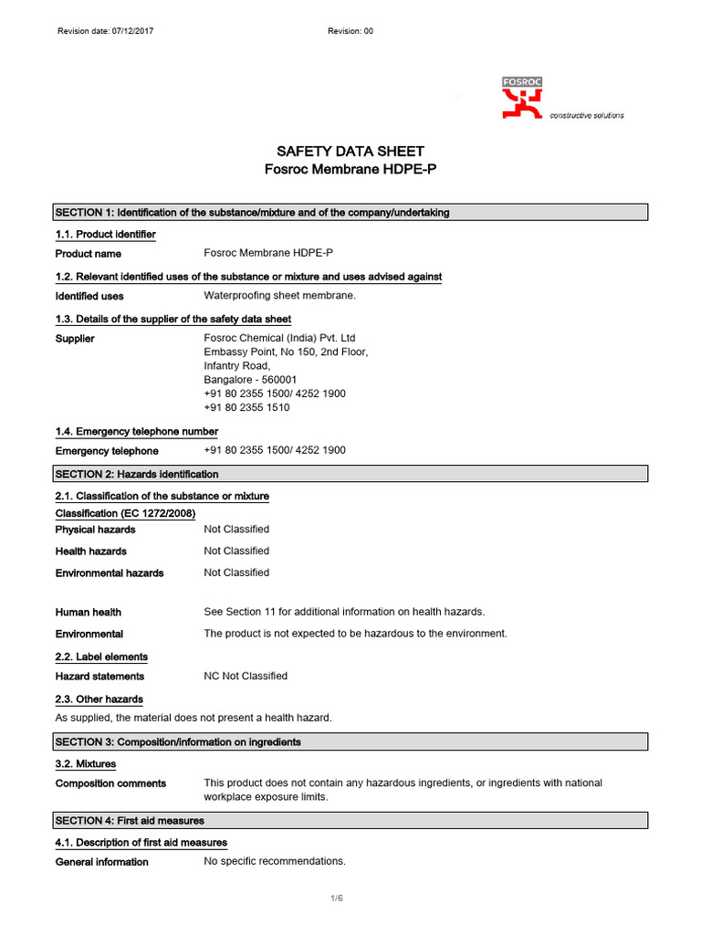 Fosroc Membrane HDPE-P Safety Data Sheet | PDF | Dangerous Goods | Toxicity