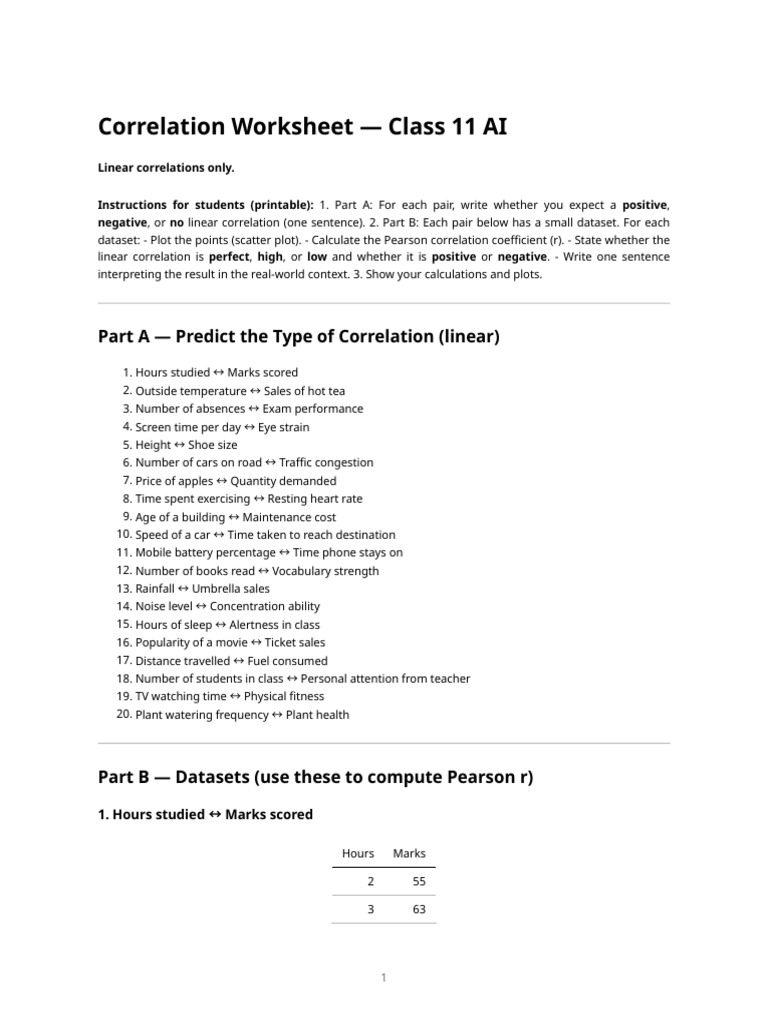 Correlation Worksheet - Printable (linear Correlations) | PDF