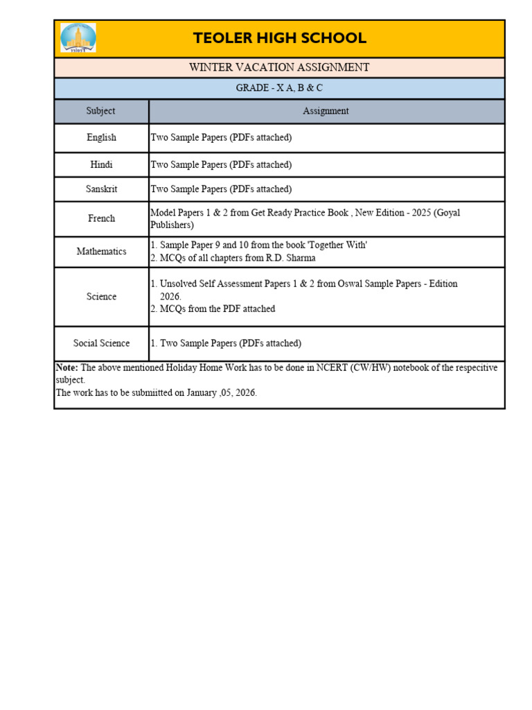 Grade X Winter Vacation Assignment 2026 | PDF