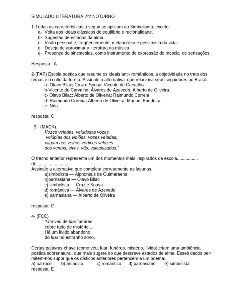Simulado Literatura 2º2 Noturno | PDF