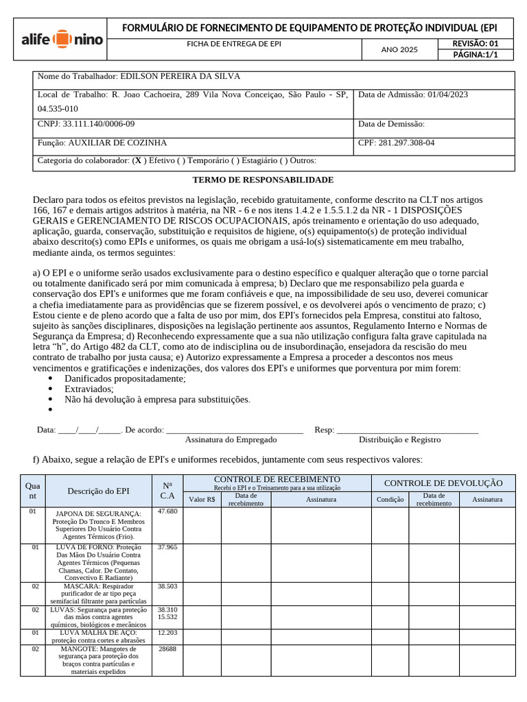 Ficha Controle de EPIs- EDSON | PDF | Direito Comercial | Direito Privado