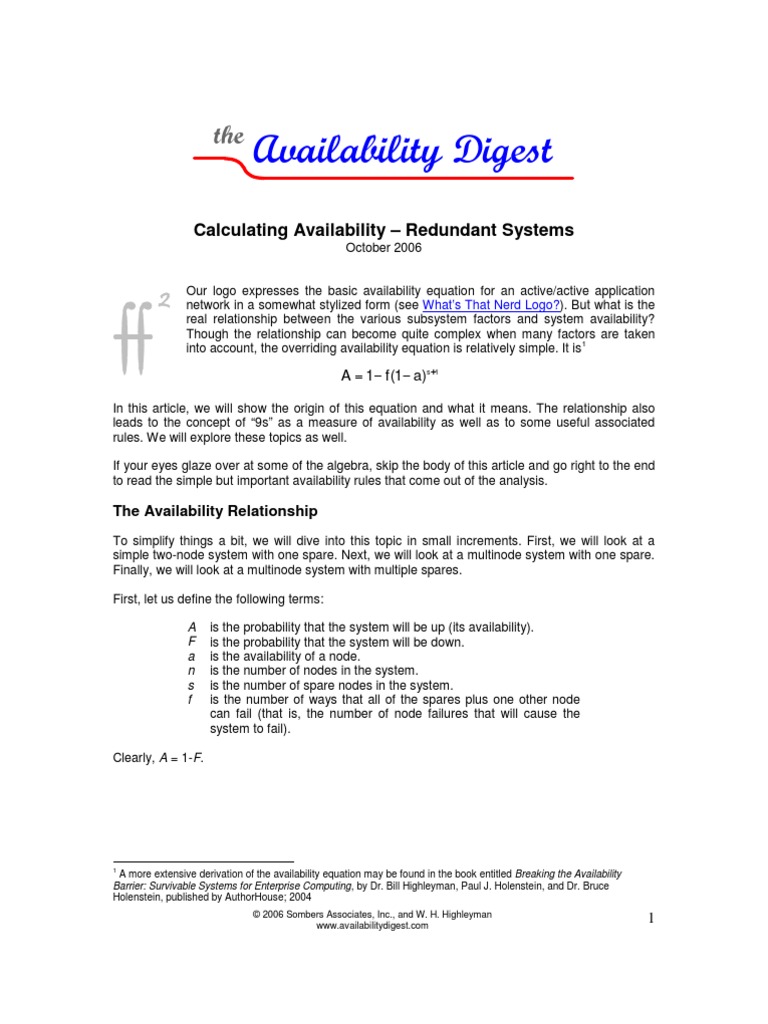 Availability Digest: Calculating Availability - Redundant Systems | PDF ...