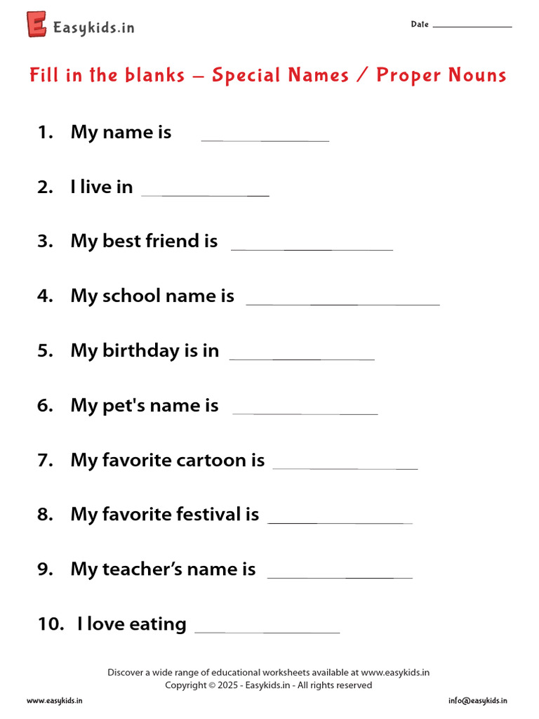 Fill in The Blanks - Proper Noun Worksheet | PDF