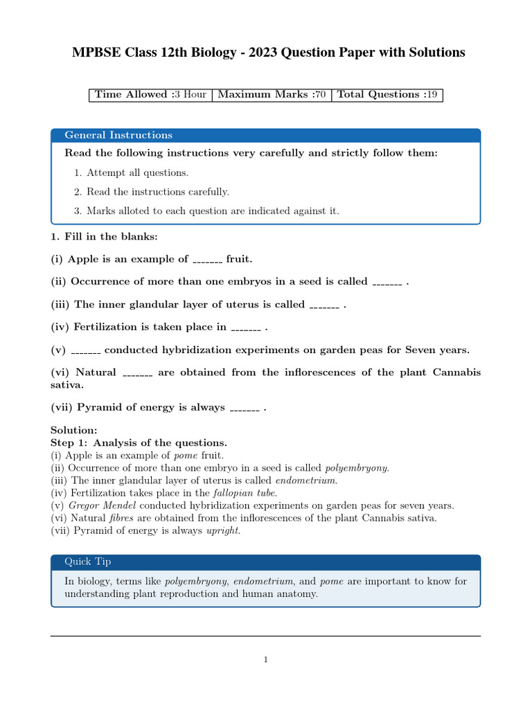 MPBSE Class 12th Biology Question Paper With Solutionssol ...