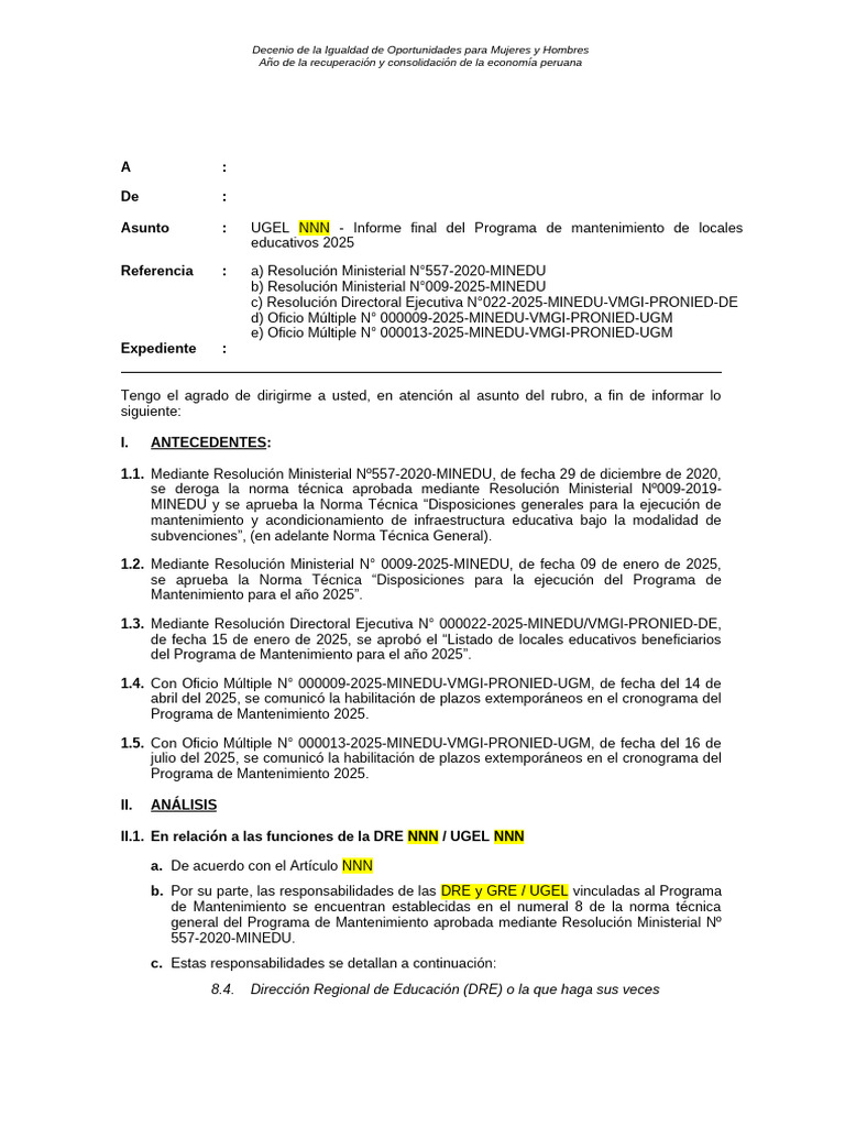 Modelo de Informe Final Programa de Mantenimiento 2025_180825 | PDF | Perú