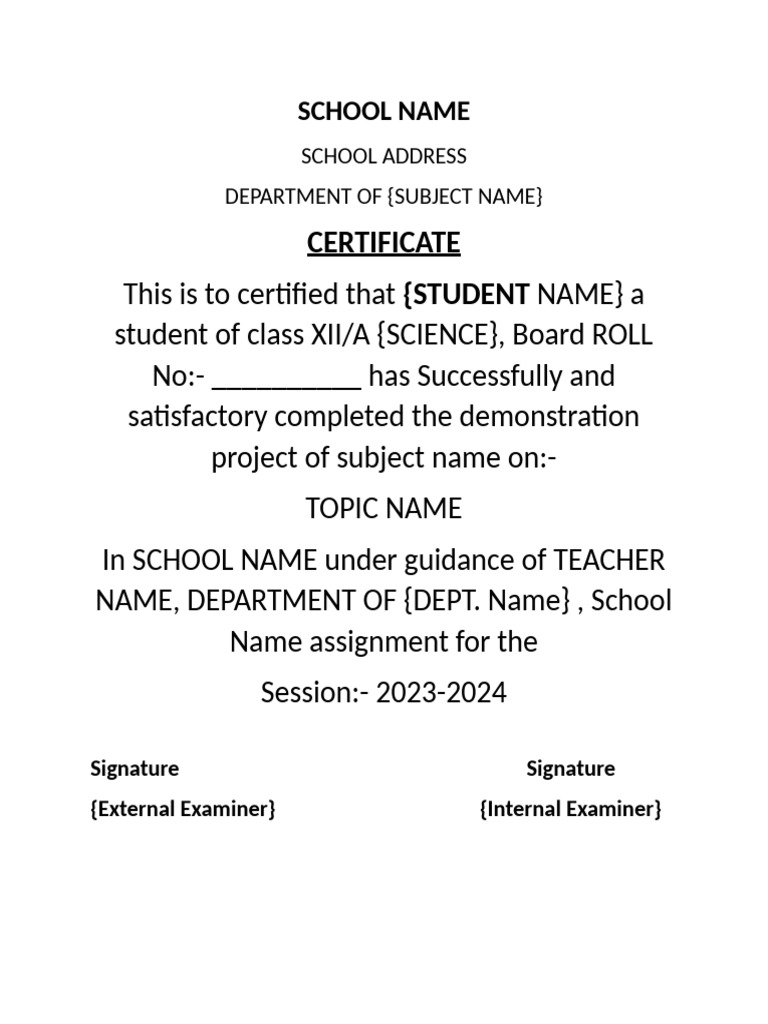 Class XII Science Project Certificate | PDF