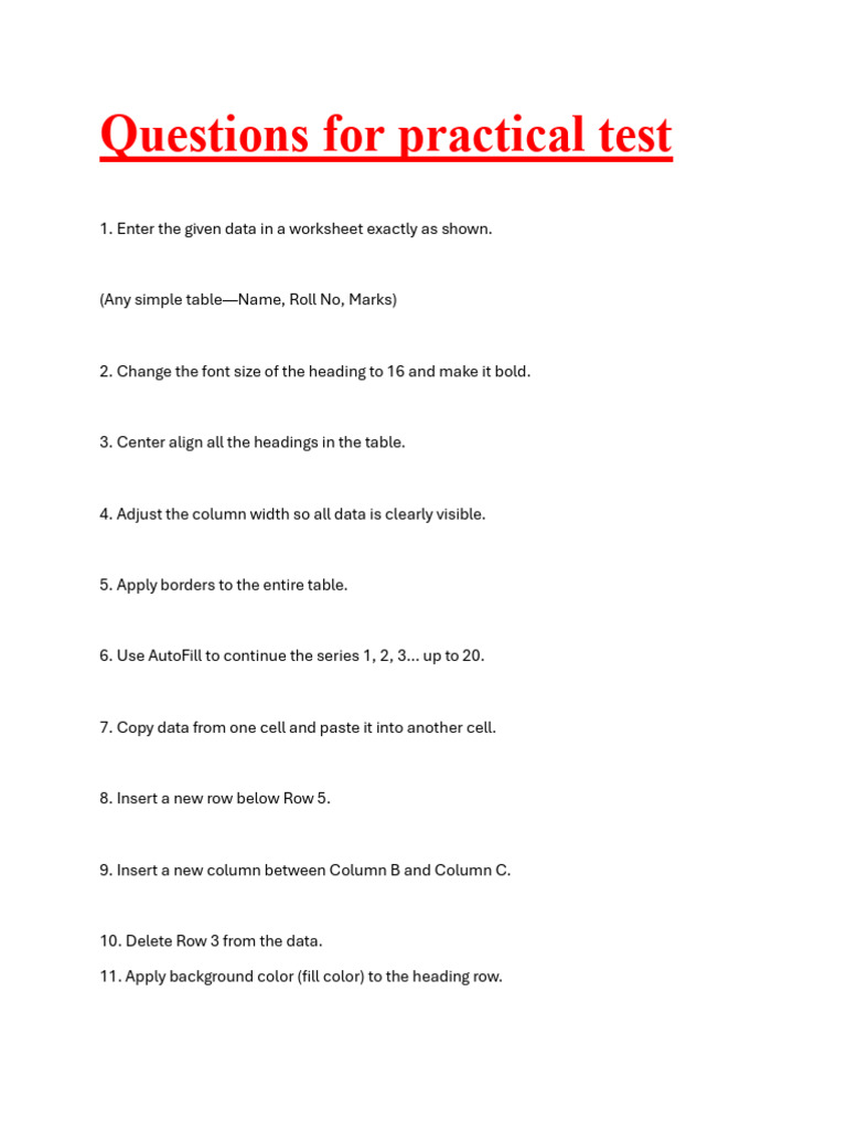 Excel Practical Test Instructions | PDF