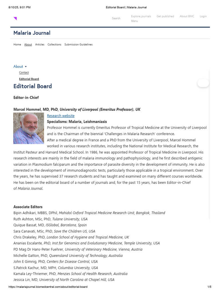 Malaria Journal Editorial Board Overview | PDF | Malaria | Plasmodium