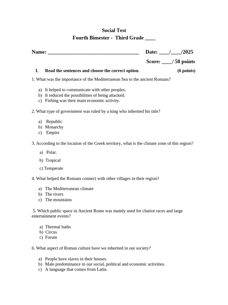 Social Test BIM 4 Third Grade DA - MP | PDF | Roman Empire | Olive