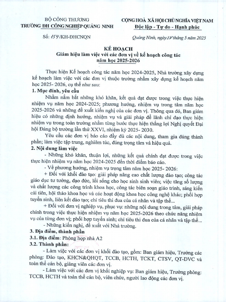Ke Hoach Giam Hieu Lam Viec Voi Cac Don Vi Ve Ke Hoach Cong Tac Nam Hoc ...