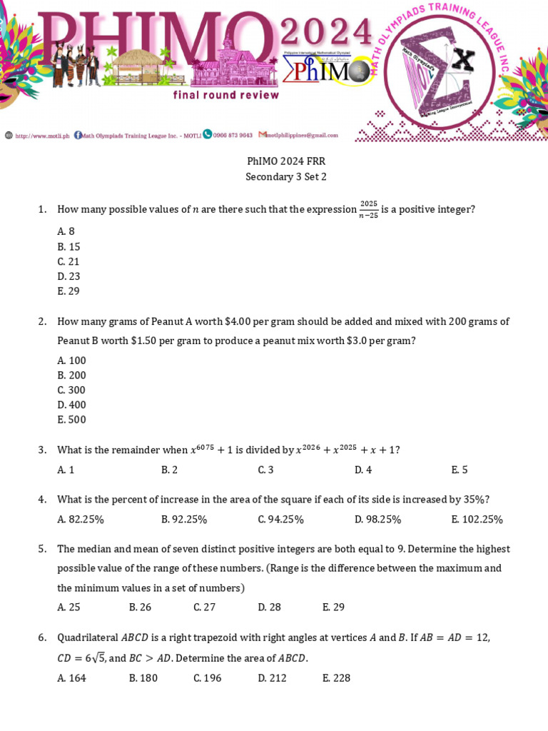 PhIMO 2024 FRR Secondary 3 Set 2 | PDF | Area | Elementary Mathematics