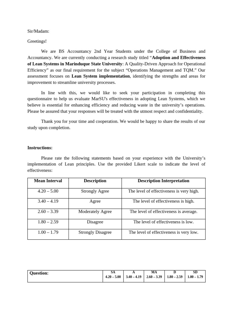 Questionnaire-in-OM | PDF | Lean Manufacturing | Business Economics