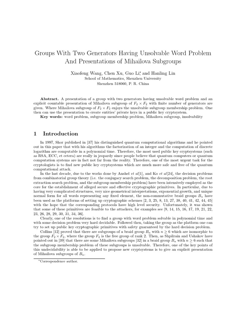 Unsolvable Word Problem in Groups | PDF | Cryptography | Public Key ...