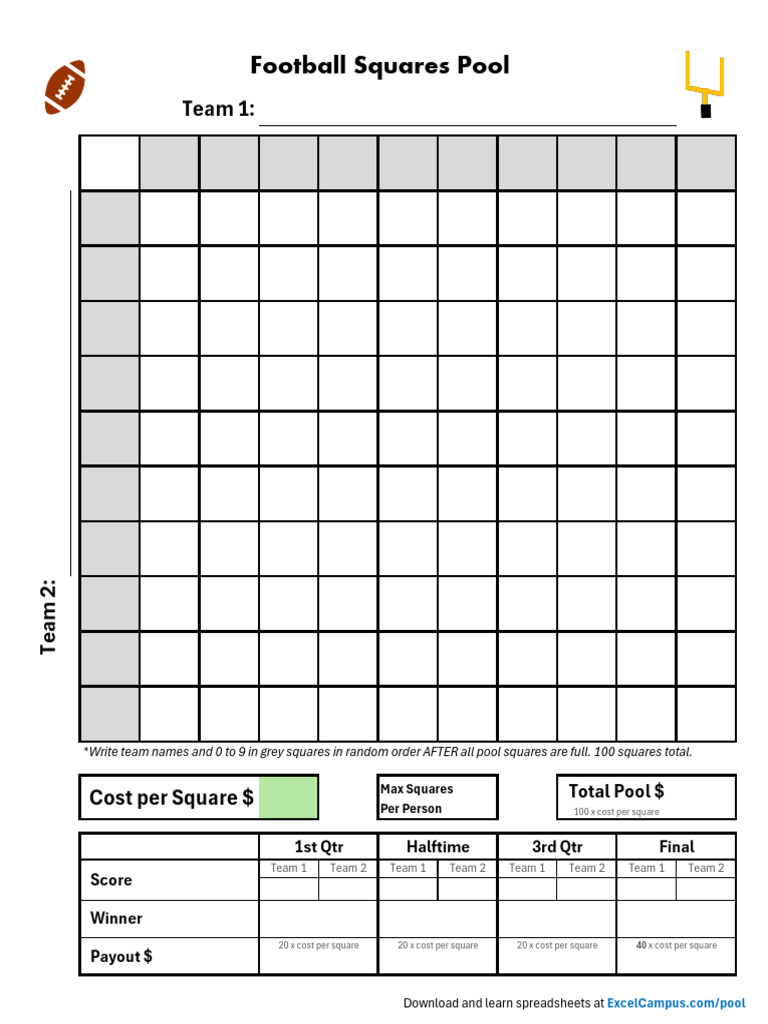 Football Squares Pool Excel Campus | PDF