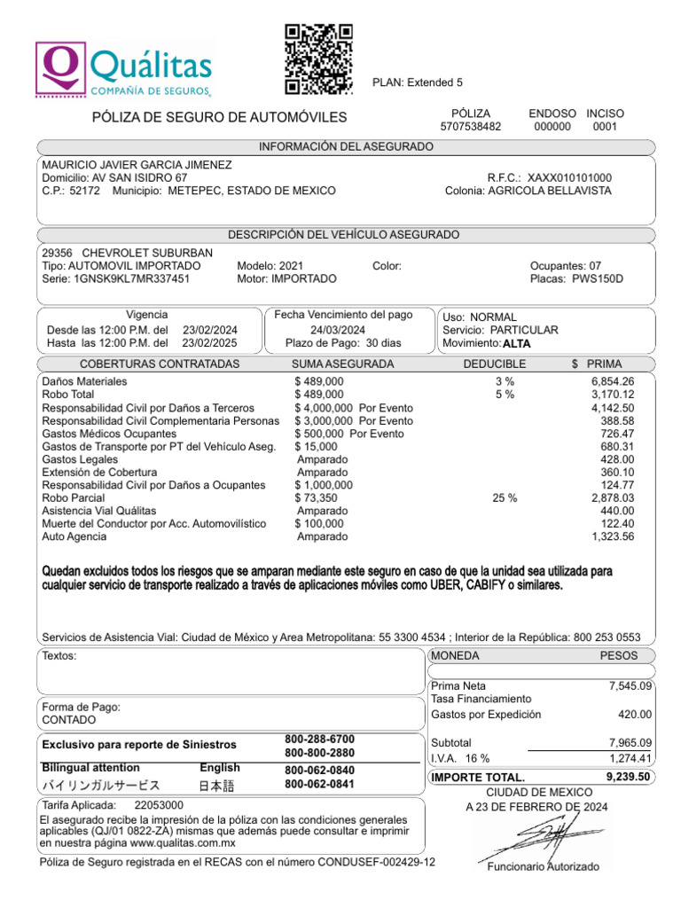 Po Liza Suburban 2021 | PDF | Póliza de seguros | Vehículo de motor