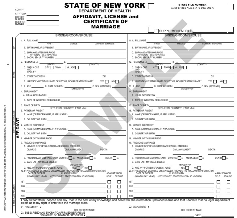 New York Marriage Affidavit Form | PDF | Annulment | Marriage