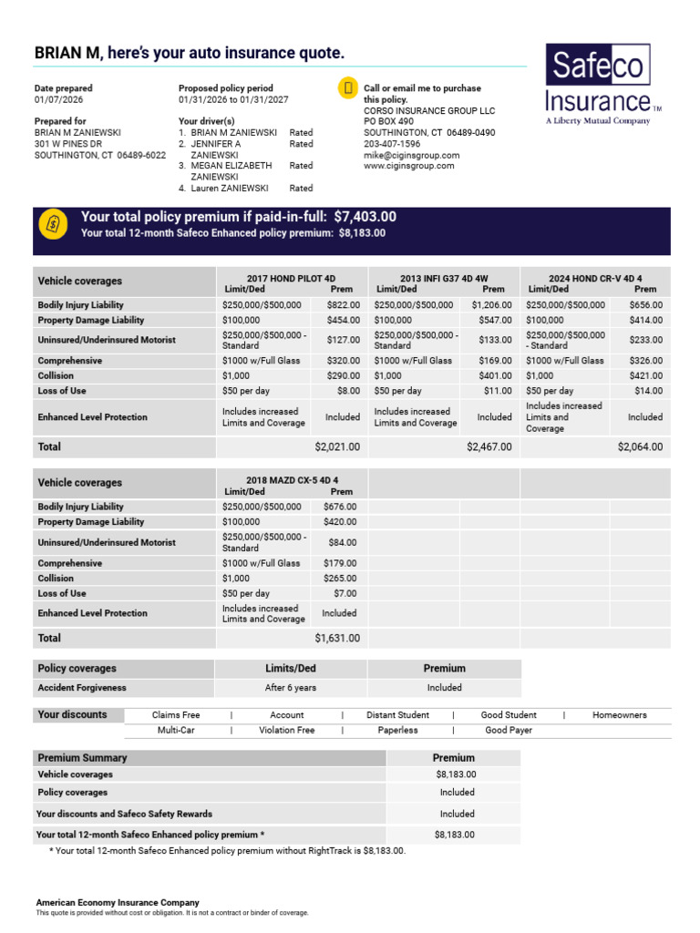 Auto Insurance Quote for Brian Zaniewski | PDF | Insurance | Vehicle ...