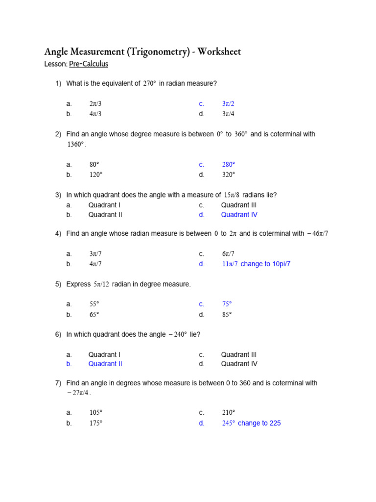 Trigonometry - Angle Measurement Answer Key | PDF