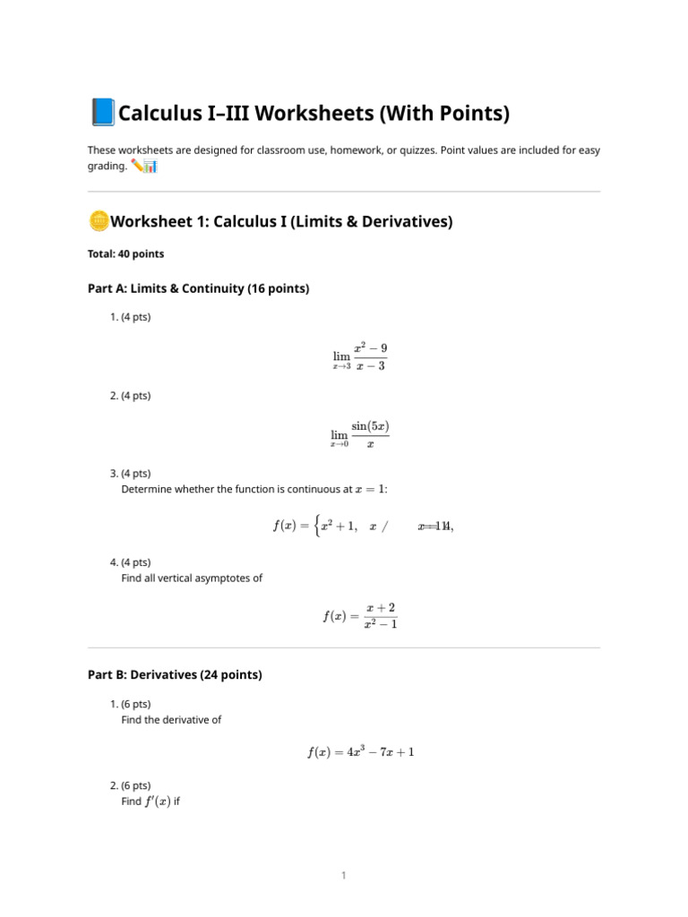 Calculus Worksheets I-III with Points | PDF | Limit (Mathematics ...