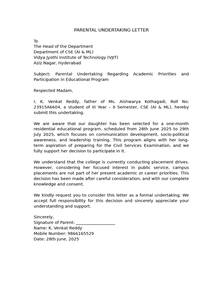 Parental Undertaking for Student Program | PDF