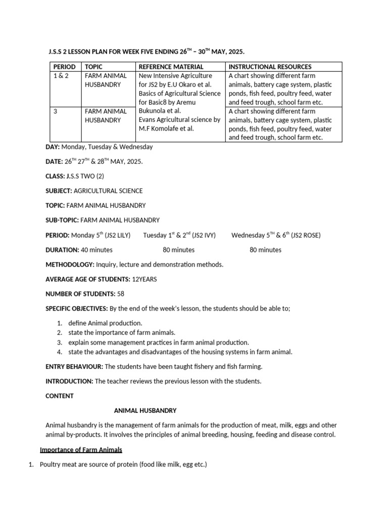 J.S.S 2 Week 5 Lesson Plan: Animal Husbandry | PDF | Cattle | Chicken