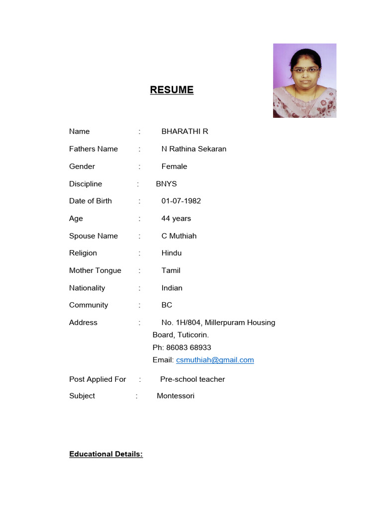 Bharthi Resume First Cry | PDF