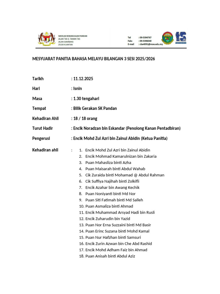 Minit Mesyuarat Bm Bil 3 2025 | PDF