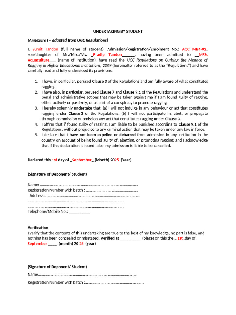 003 - Undertaking by Students EXAMPLE Format For AntiRagging For UGC | PDF