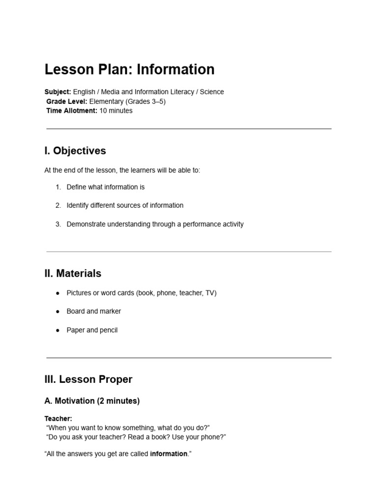 Information Literacy Lesson Plan for Grades 3-5 | PDF