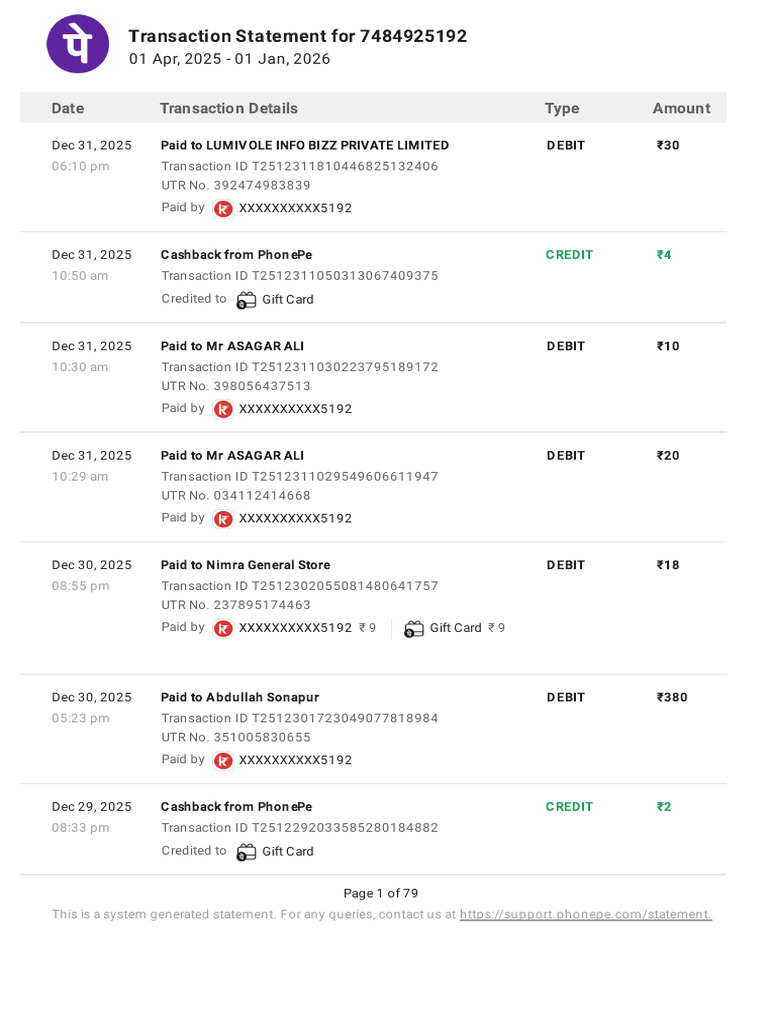PhonePe Statement Apr2025 Jan2026 1 | PDF | Credit Card | Debit Card