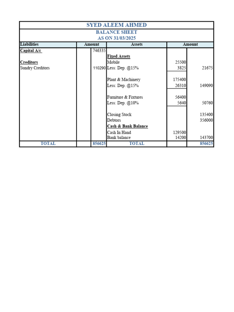 Syed Aleem Ahmed Balance Sheet a.Y. 2025-26 | PDF