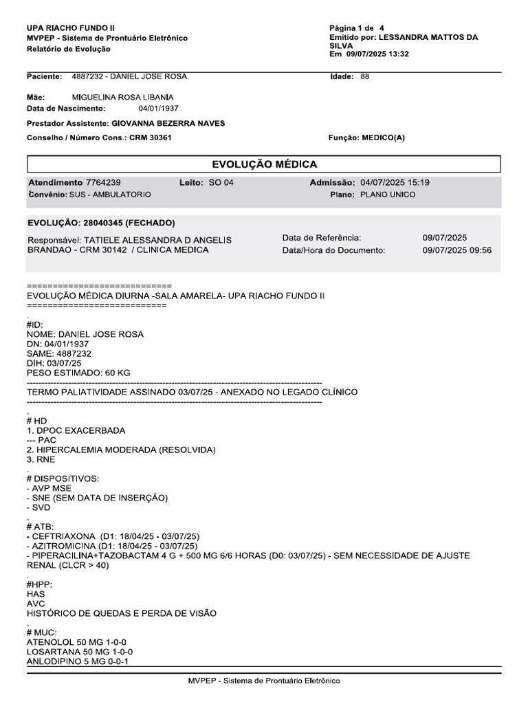 Evolução Médica Daniel Rosa | PDF